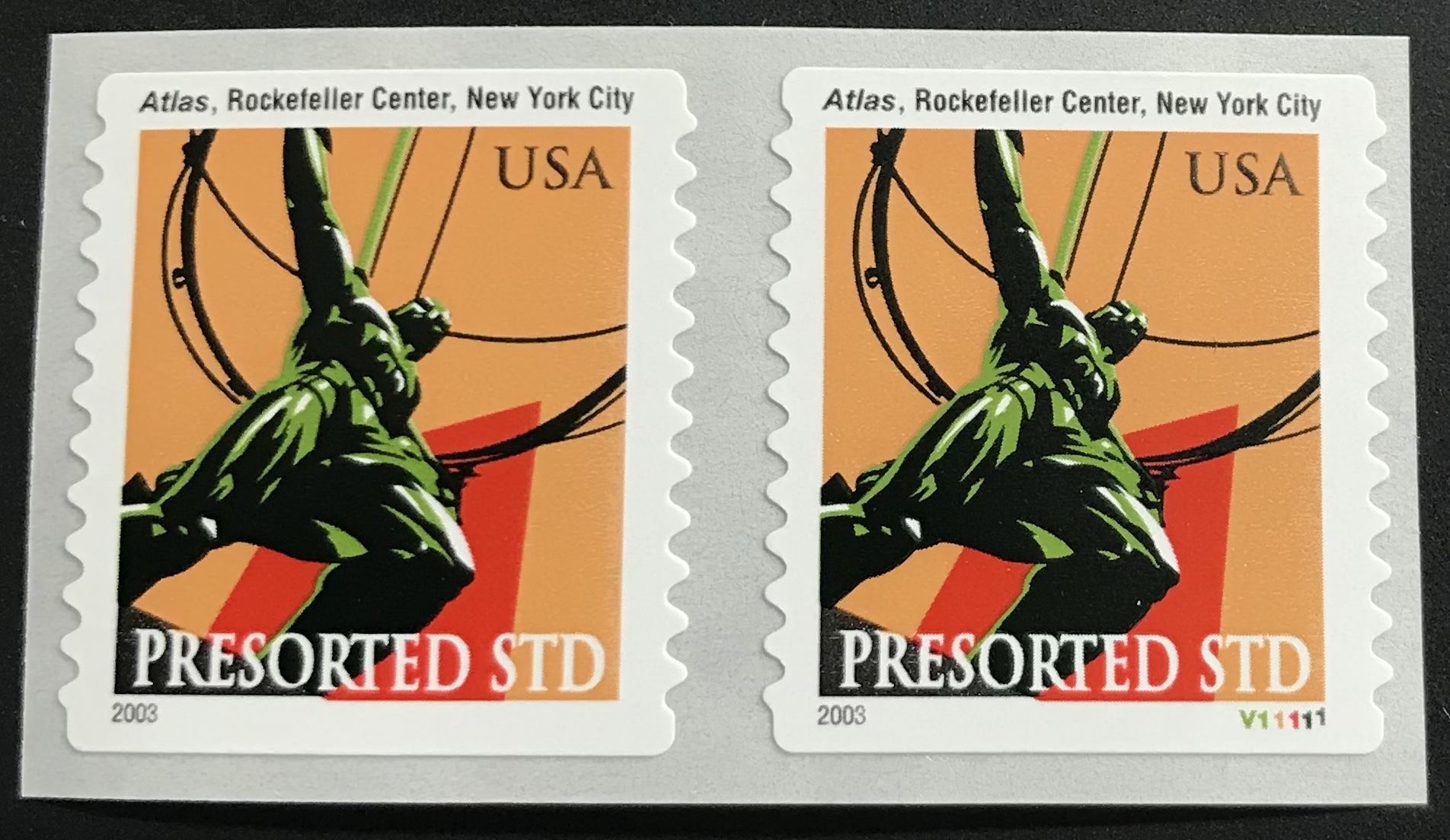US #3770 MNH Coil Plate Number Pair Atlas Statue Rockefeller Center ...