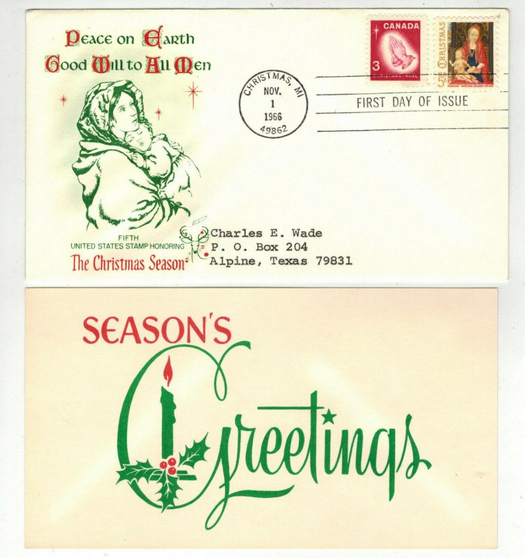 1966 CHRISTMAS MICHIGAN 1321 DUAL COUNTRY COMBO FDC + Canada + Stuffer ...
