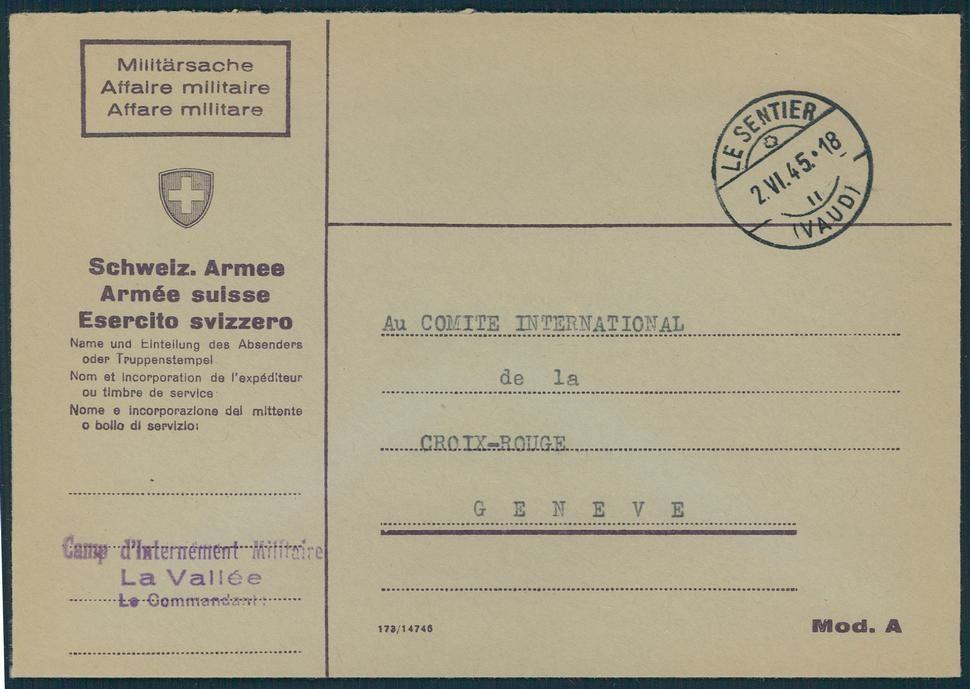 Switzerland WWII Internment Camp La Vallee Soldier Feldpost Cover ...