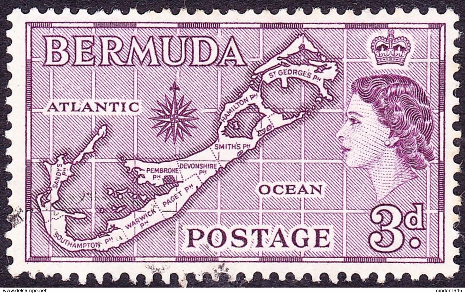 BERMUDA 1957 QEII 3d Deep Purple SG140a FU | Caribbean - Bermuda, Stamp ...