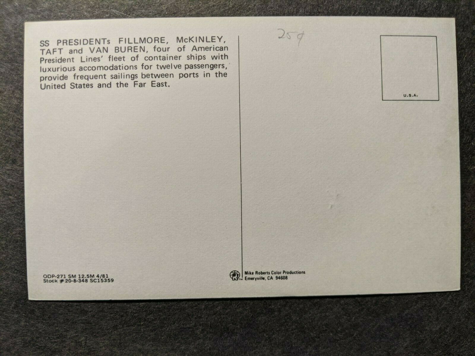 Ship SS PRESIDENT FILLMORE, US LINES Naval Cover unused post card ...