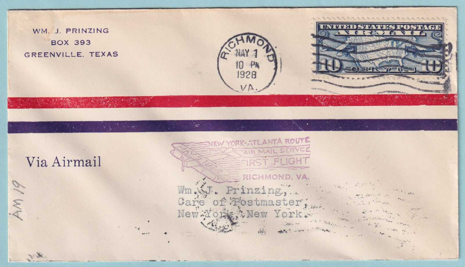 United States First Flight Cover - 1928 From Richmond Virginia - Cv146 ...