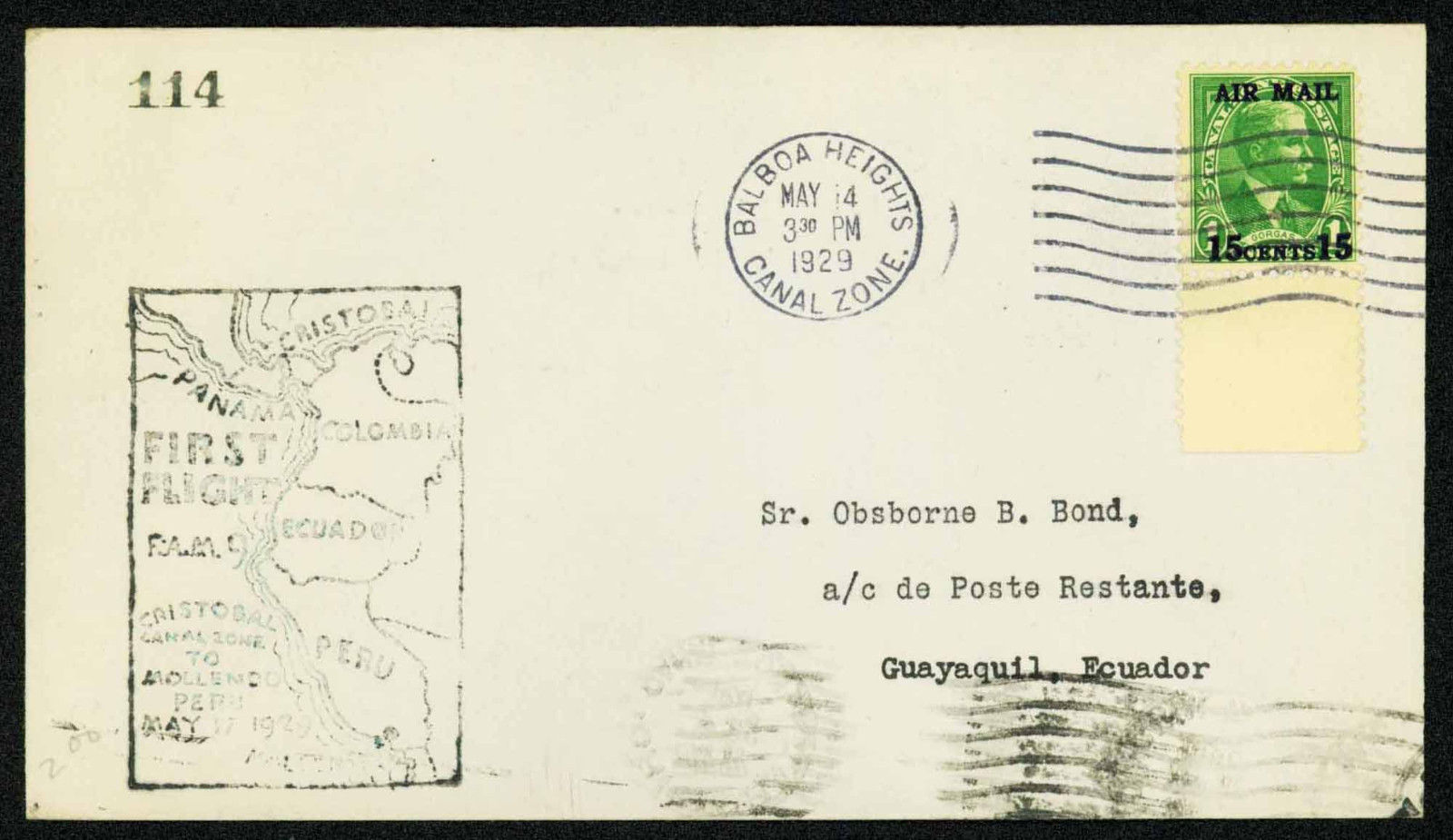 1929 First Flight FAM 9-2B. Cristobal to Gauyaquil CZ C1 Franking (Esp ...