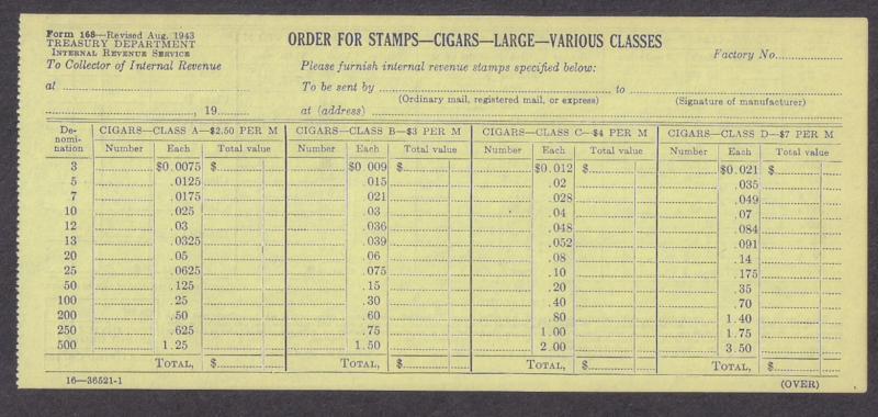 ORDER FORM for Cigar Stamps 1943 on Yellow Paper IRS form REVENUE TAX ...