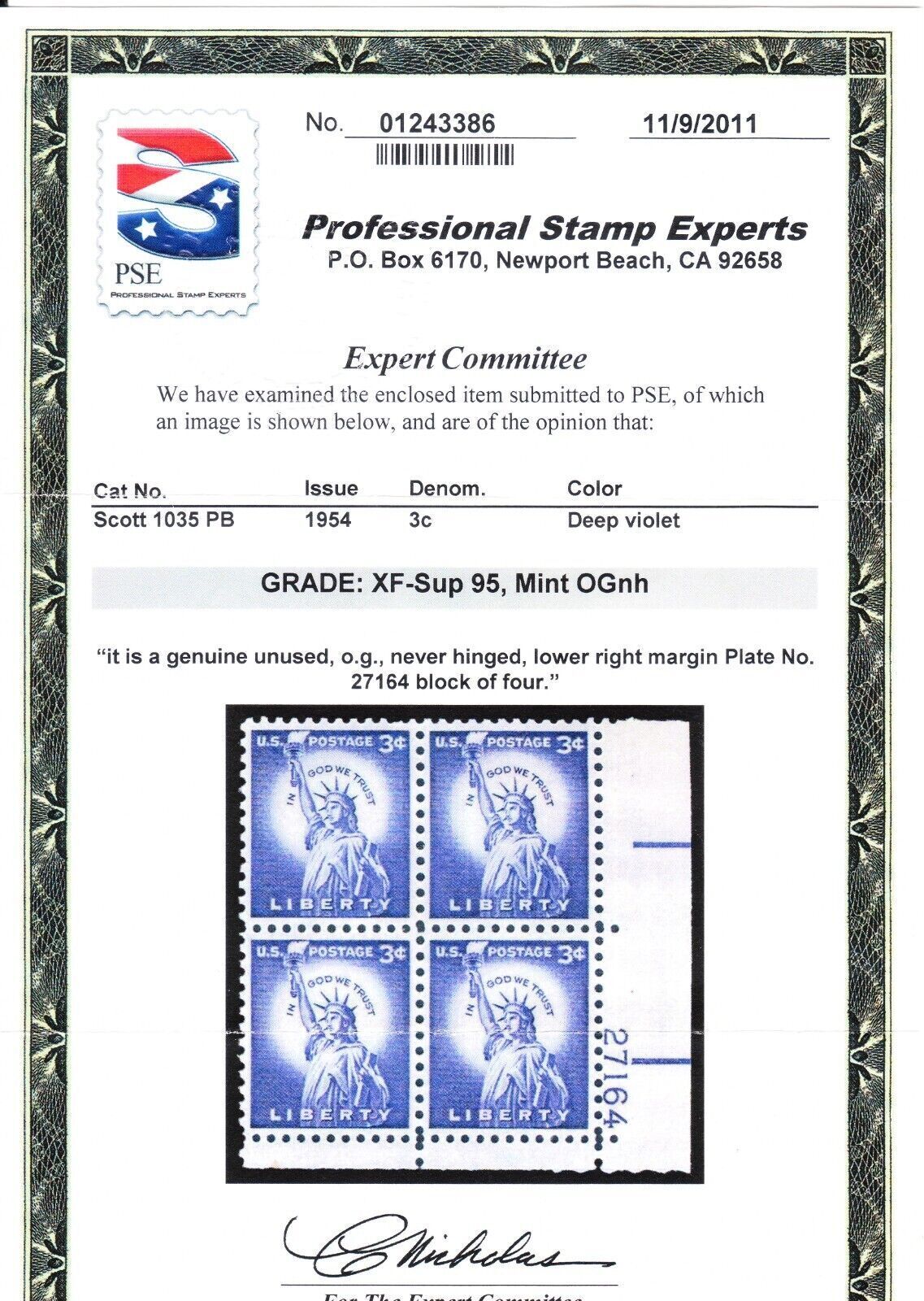 MOstamps - US #1035 Mint OG NH PB Grade XF-Sup 95 with PSE Cert - Lot ...
