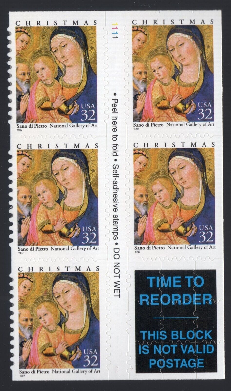 Scott #3176a Madonna (Pietro) Booklet Pane of 5 Stamps + Reorder - MNH ...