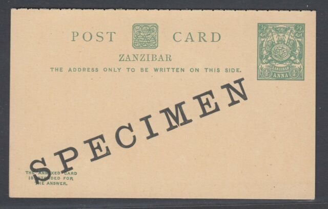 Zanzibar, 1/2a Green Sultan Monogram postal reply cards with SPECIMEN ...
