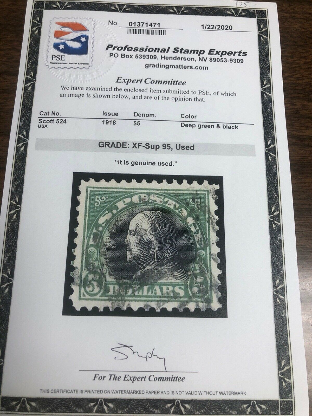 524 $5.00 Ben Franklin Used PSE certificate Graded XF-SUPERB Graded 95 ...