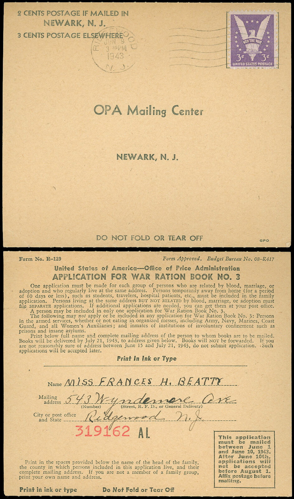 1943 Ridgewood NJ Cds, Application for WAR Ration Book NO. 3 -Opa ...