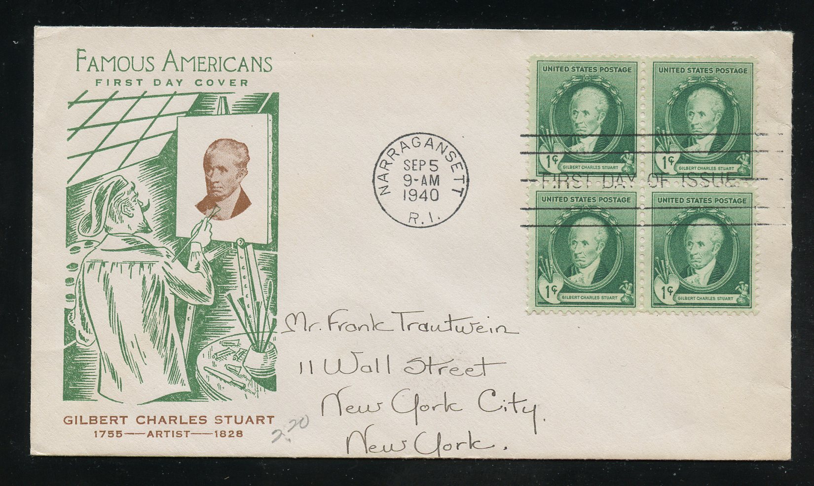 US 884 M=4 Gilbert Stuart Famous American Fidelity cachet FDC ADDR ...