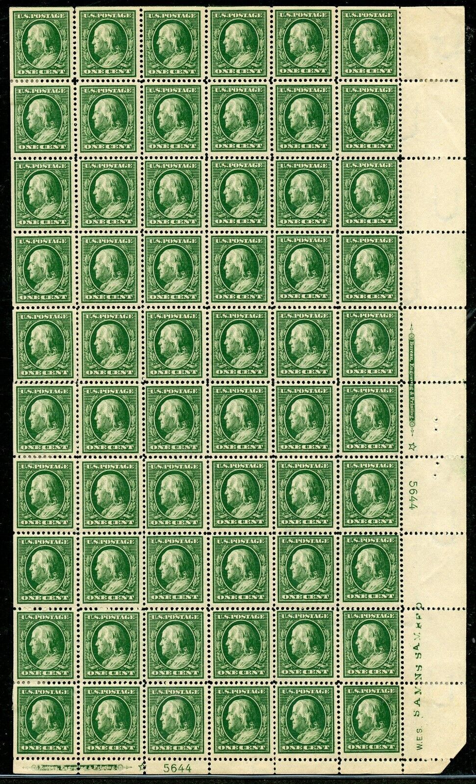 United States Scott #374 1c Franklin CPL Sheet of 30 Intact Selvage ...