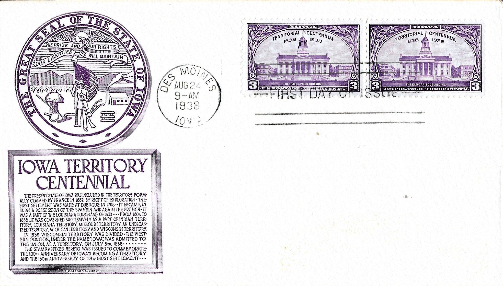 1938 FDC, #838, 3c Iowa Territorial Centennial, Anderson, pair | United ...