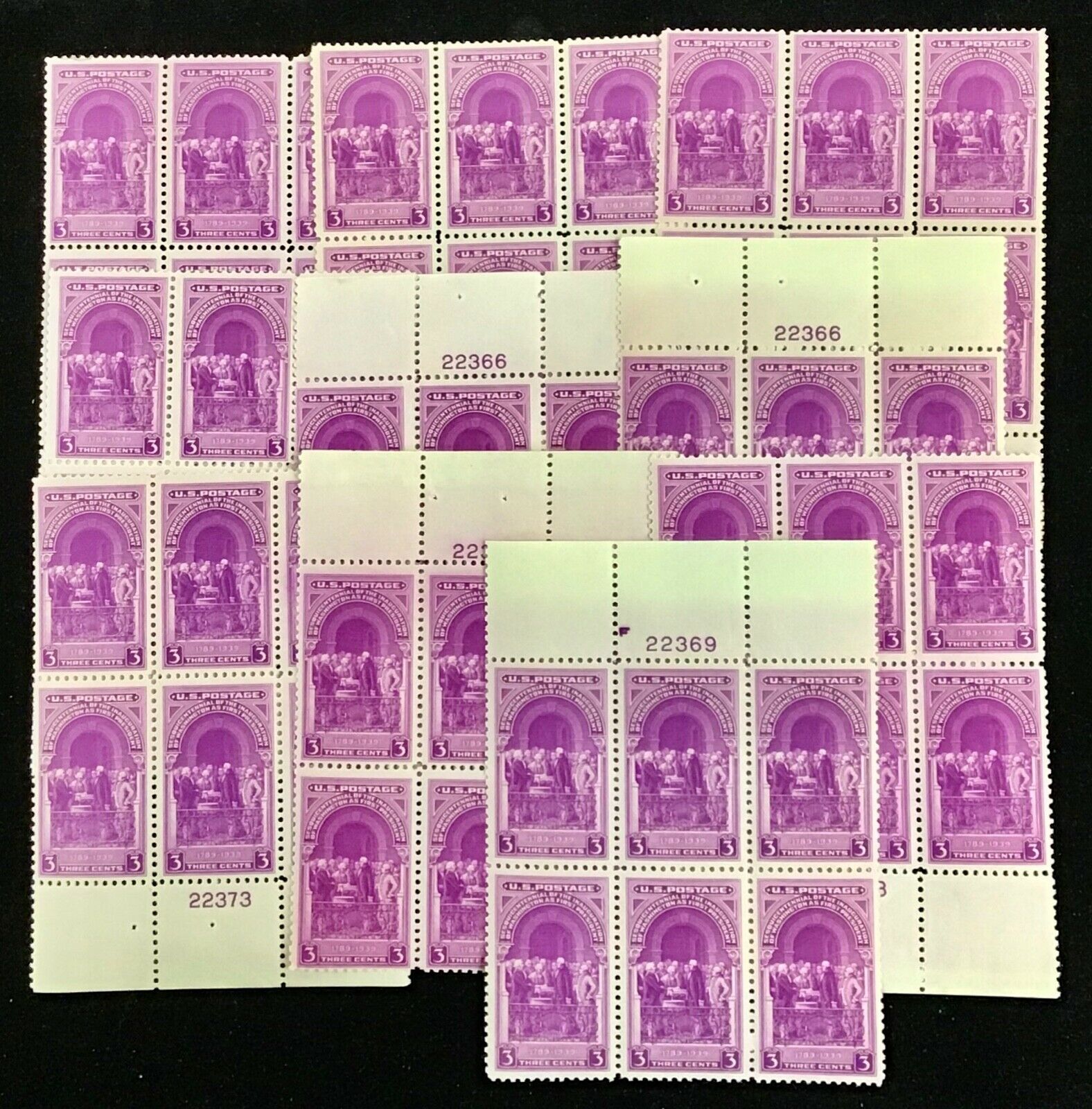 854 Washington Inaugural MNH 3 cent 10 Plate Blocks FV $1.20 issued in ...