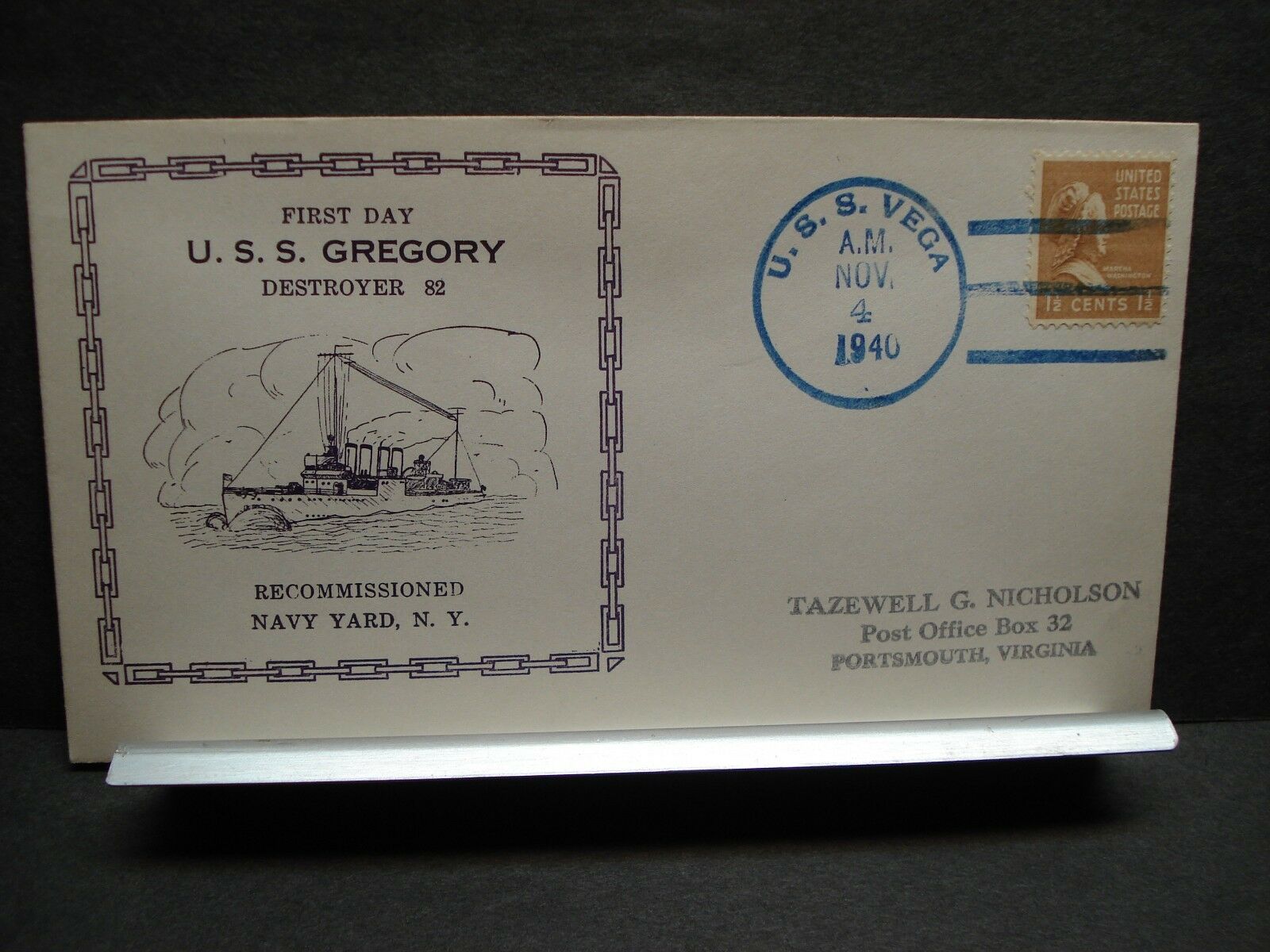 USS Gregory Dd-82 Naval Cover 1940 Recommissioned Cachet USS Vega Sunk ...