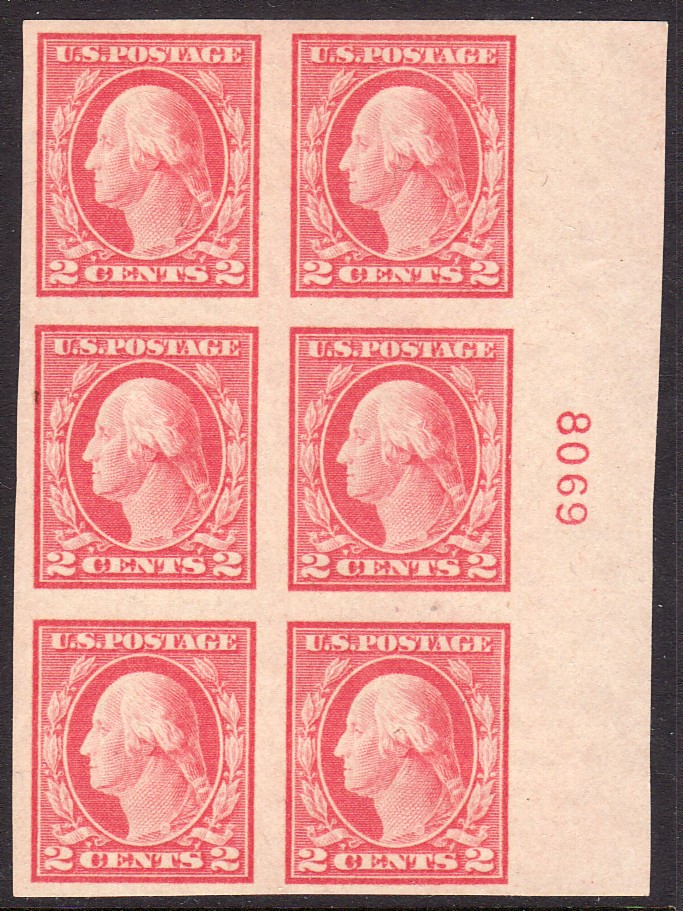 1916 U.S 2¢ Washington 8069 imperf plate number block of six MNH Sc ...