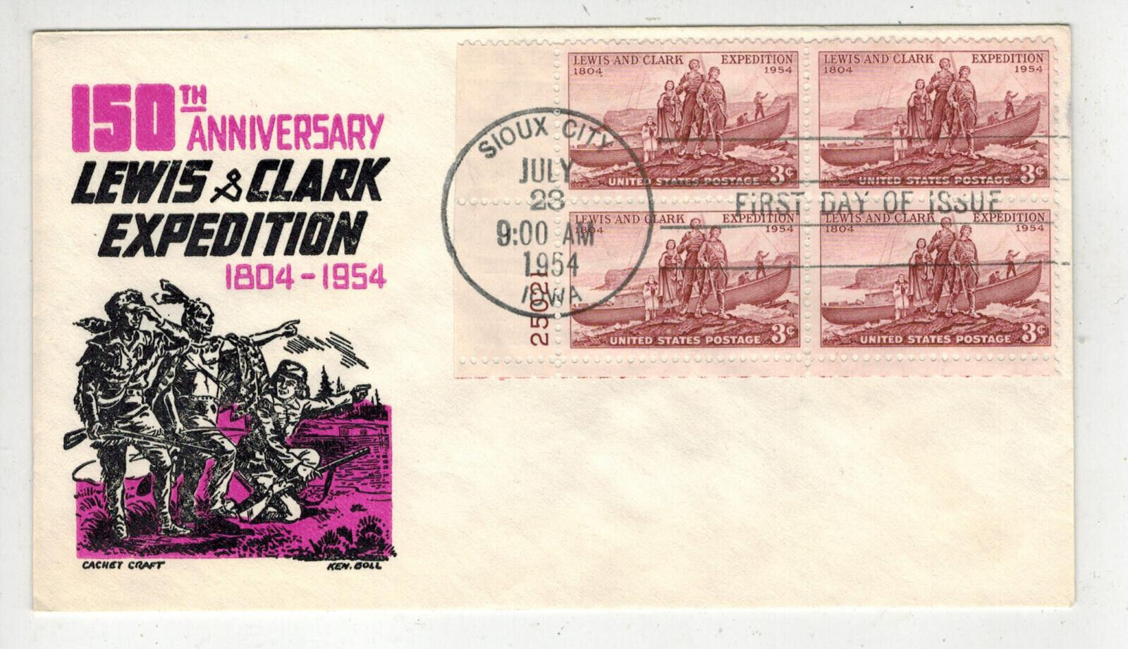 1954 Plate # Block FDC 1063 Lewis & Clark Expedition CC/Boll Sioux City ...
