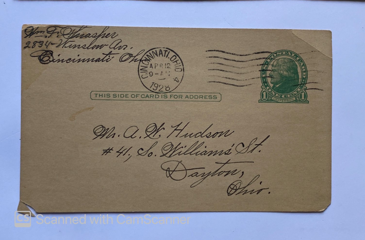 US Postal Card, Hamilton 1 Cent 1928 Cinncinnatti, Ohio | United States ...
