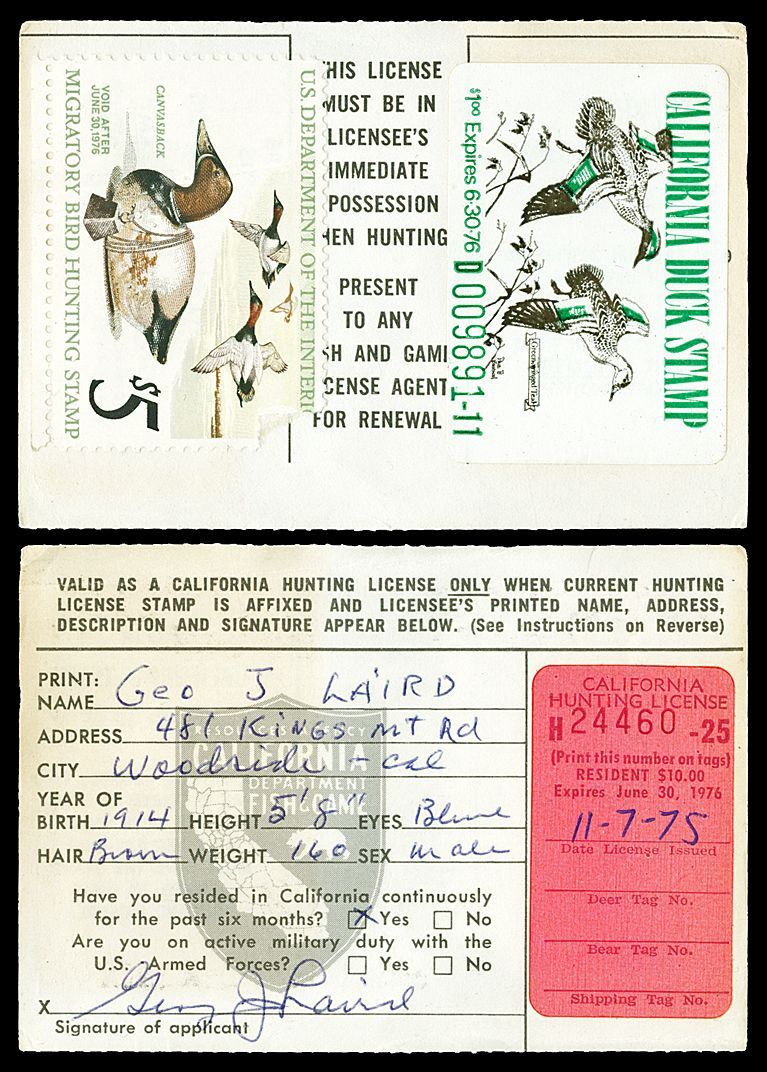 Scott RW42, CA5 1975 Duck Stamps Used on a California Hunting License ...