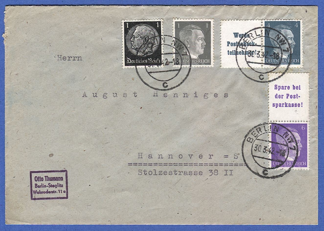 GERMANY 1942 cover via from Berlin NW 7 to Hannover, Hitler stamps ...