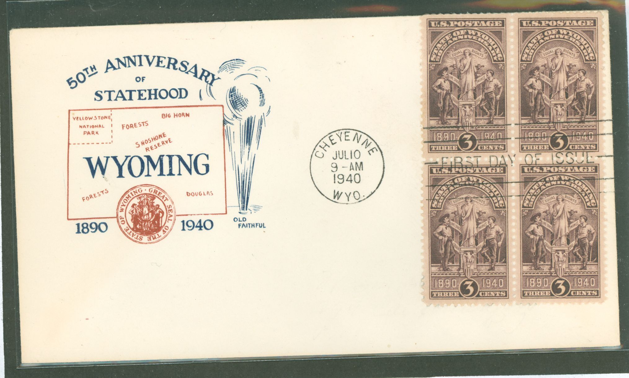 US 897 1940 3c wyoming 50th anniversary of statehood, block of 4 on an ...