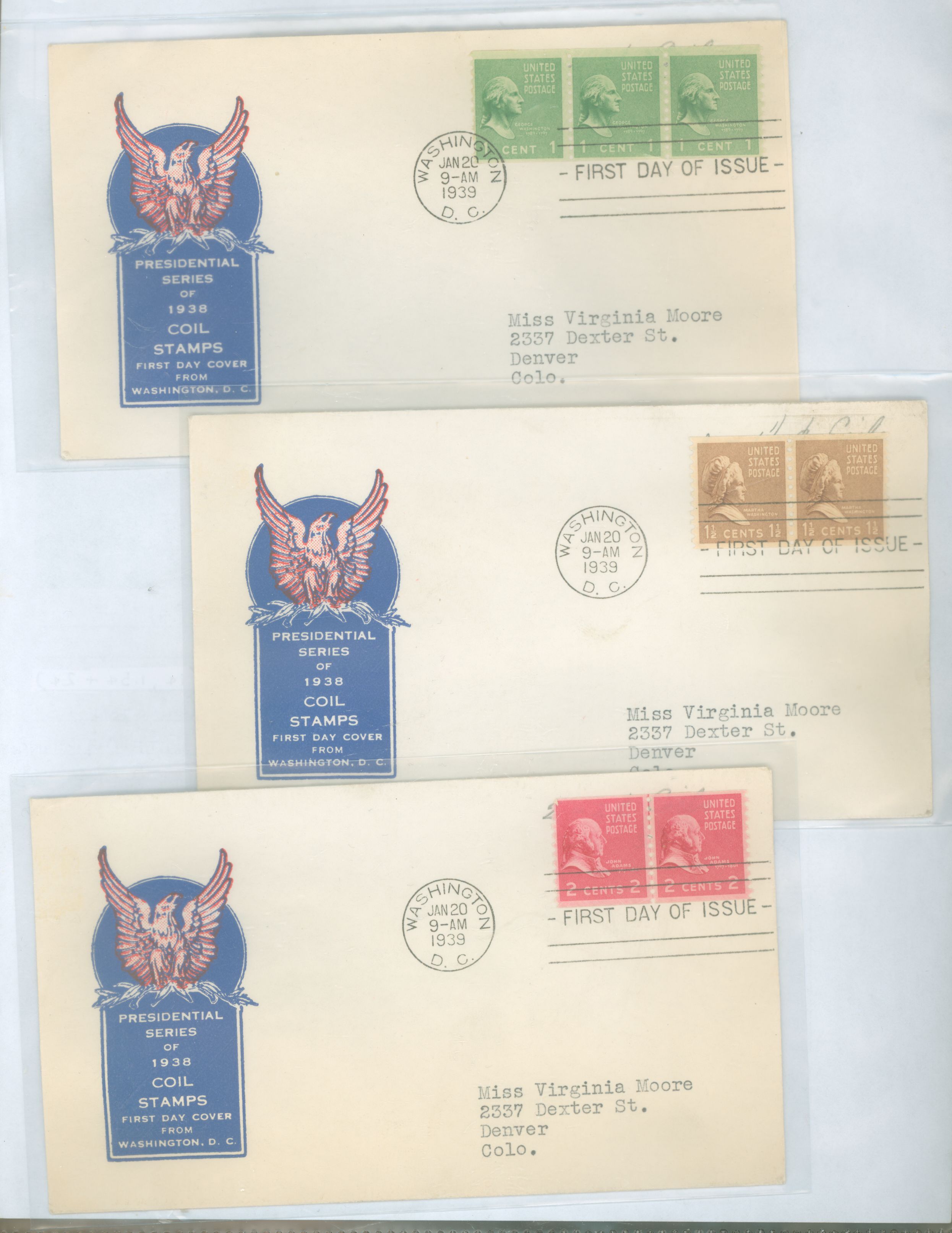 US 839-841 1939 Three prexy horizontal coils (1c Washington, 1.5c ...