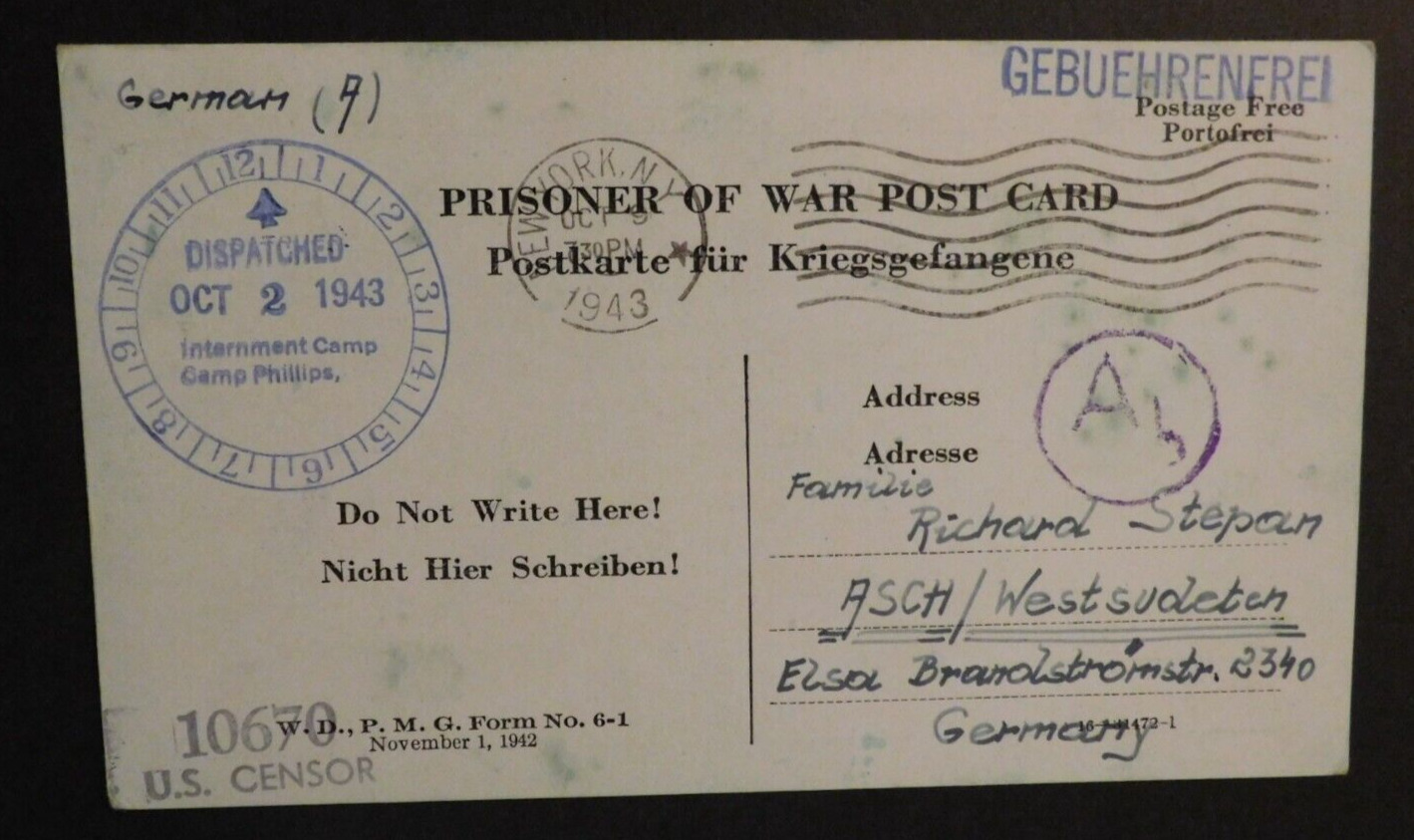 1943 Prisoner of War POW Postcard Camp Phillips KS Westsudeten Germany ...