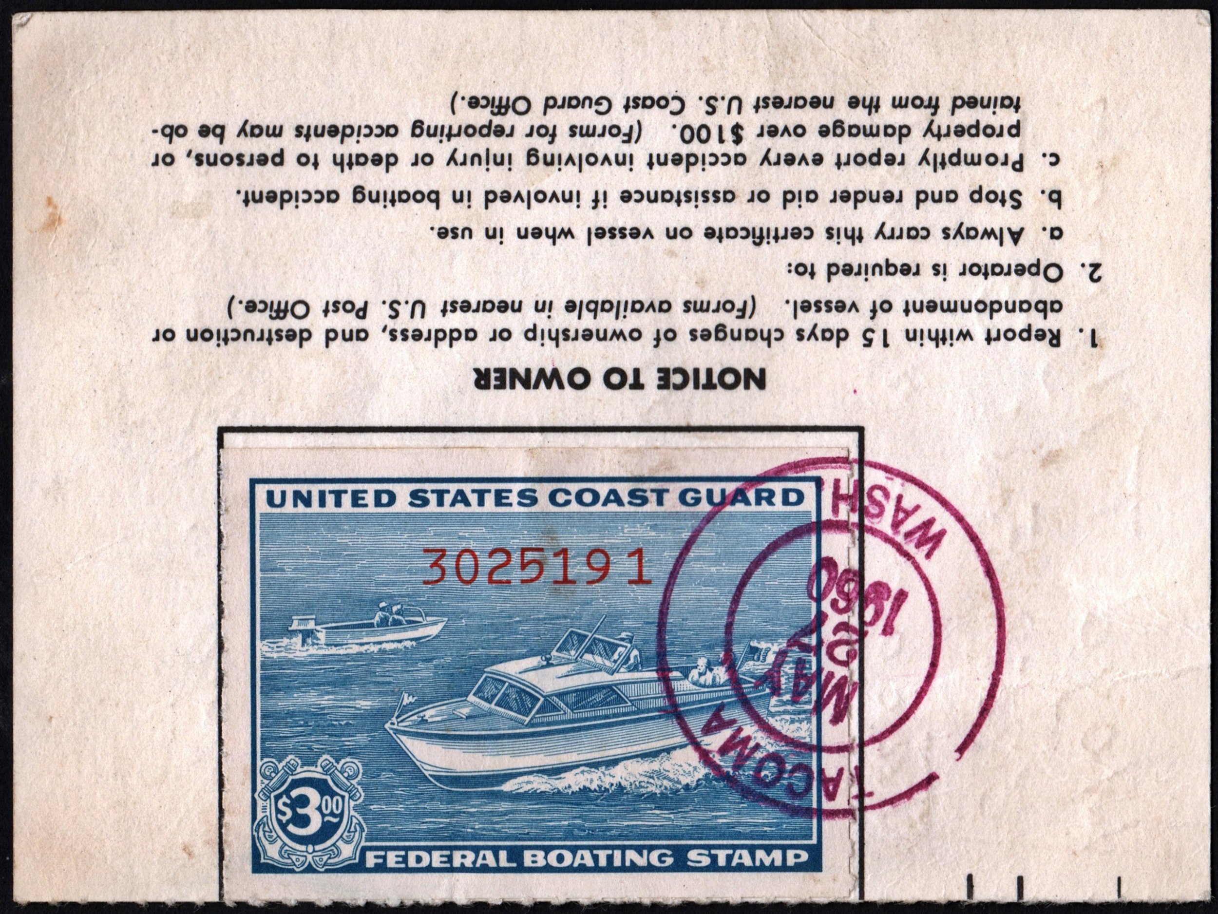 RVB2 $3.00 Federal Boating Stamp: On License (1960) Used / HipStamp