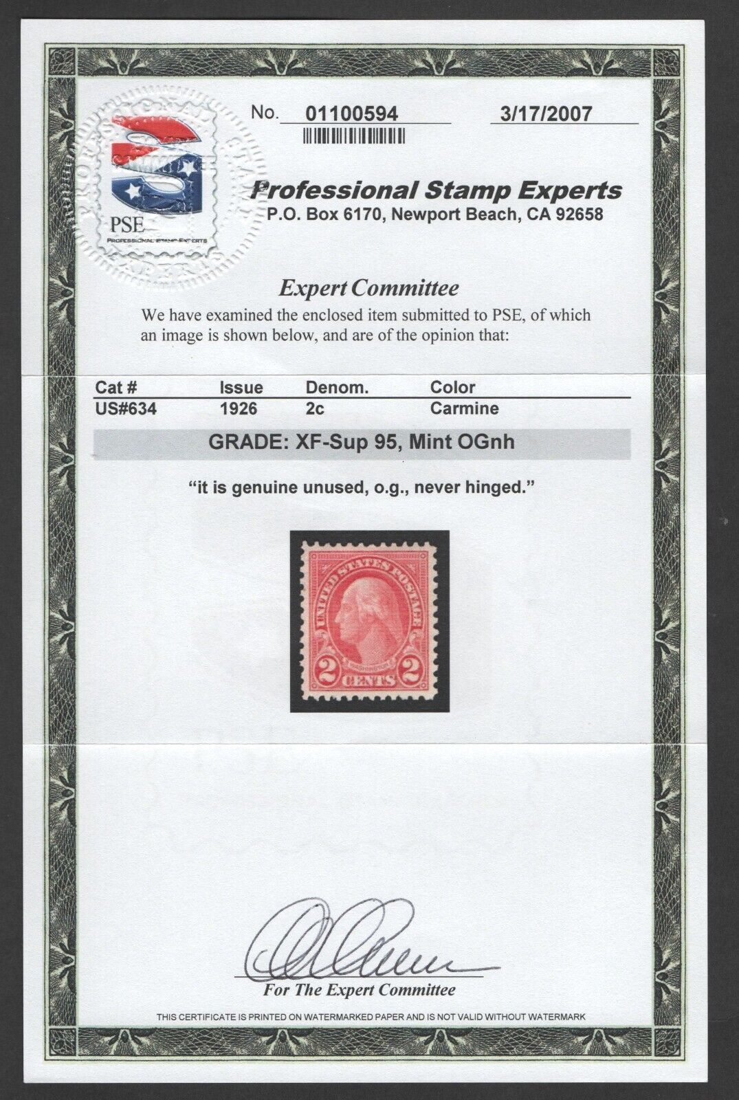 SCOTT #634 -MINT - XF/Superb-95 - OGnh -w/PSE Cert. -SMQ $75 (LB 06/26 ...