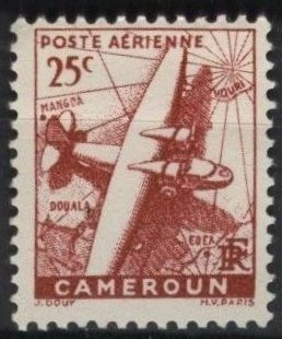 Cameroun C15 (mh) 25c plane & map, brn red (1946) | Africa - Cameroun ...
