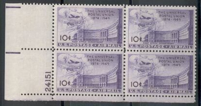 US Stamp #C42 MNH Universal Postal Union P.O.D. Building Plate Block of ...