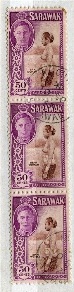 SARAWAK; 1940s early GVI Pictorial issue fine used 50c. Strip of 3 ...
