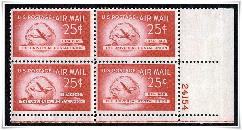 SC#C44 25¢ UPU: Boeing Stratocruiser Plate Block: LR #24154 (1949) MNH ...
