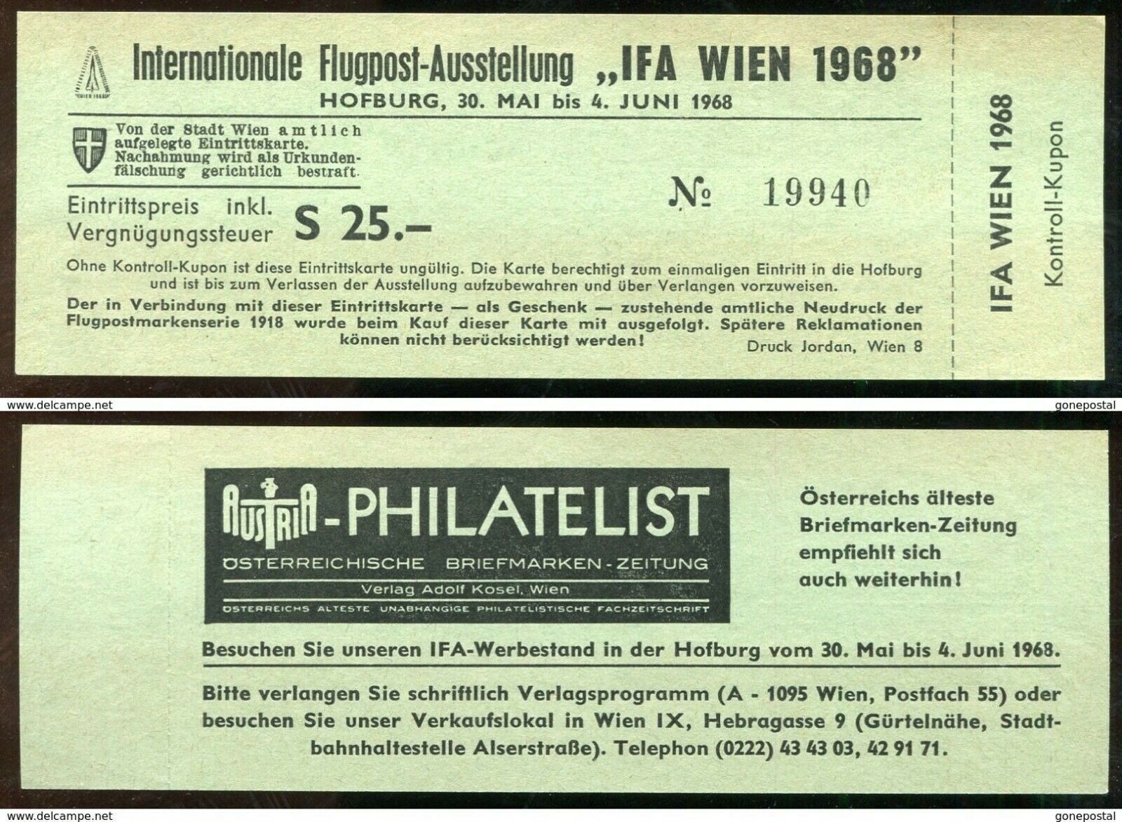 h275 - Austria Hofburg 1968 IFA WIEN International Airmail Expo TICKET | Europe - Austria, Stamp ...