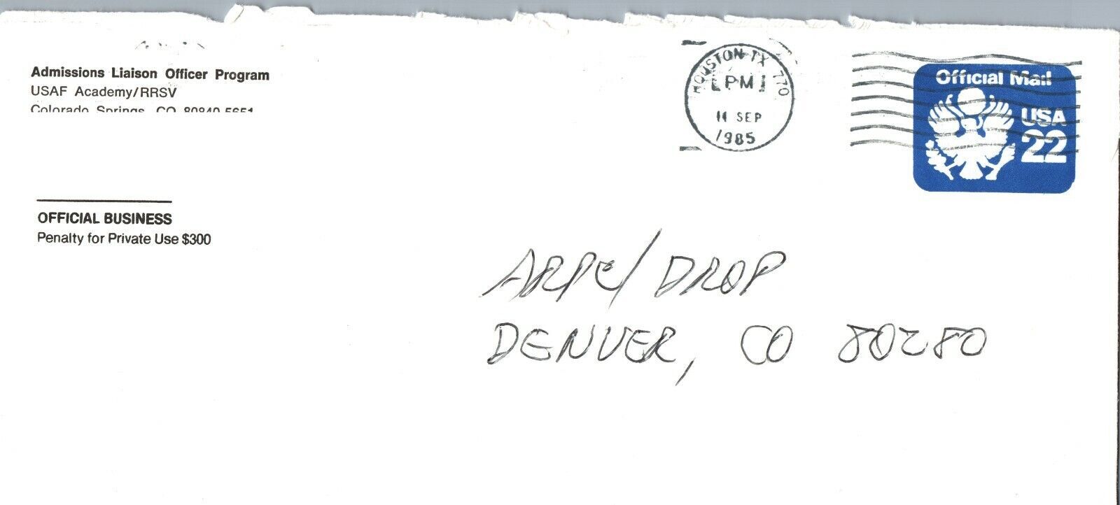 US Postal History Official Mail Cover #Uo74 Houston to AIR Force HQ ...