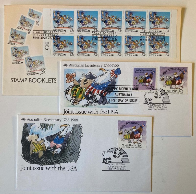 Australia 1988 FDC x3 joint USA stamp Booklets living together used (as ...