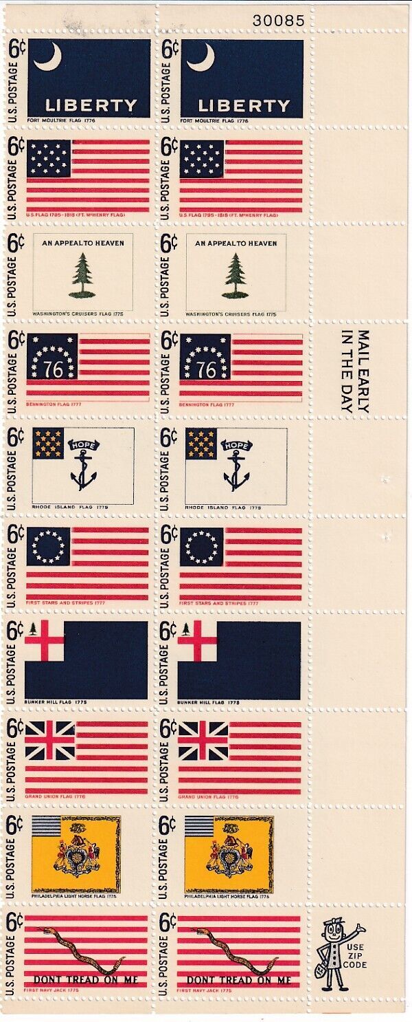 Sc# 1345 / 1354 U.S. 1968 Historic Flags 6¢ plate / zip block of 20 MNH ...