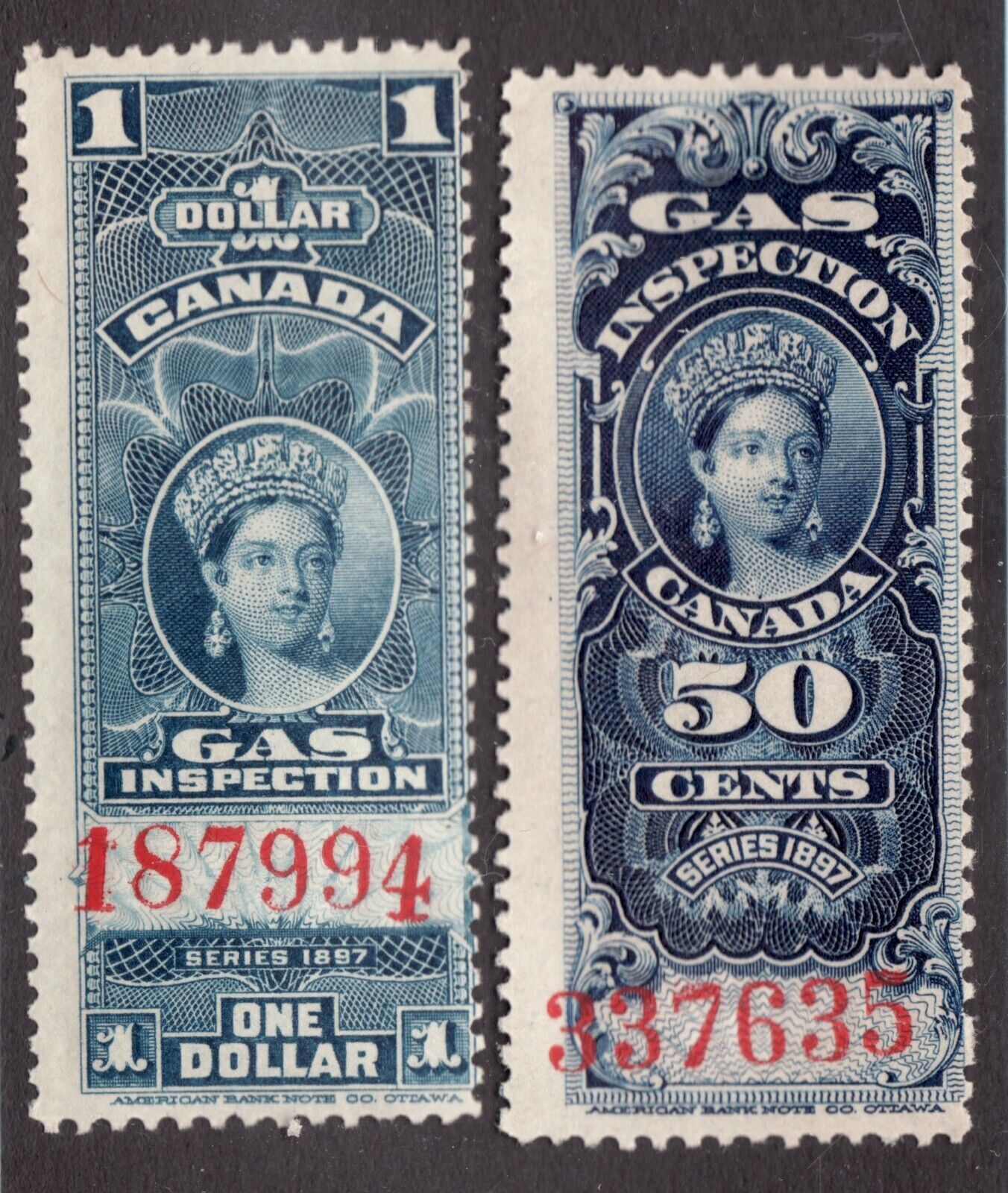 Antique Victorian 1897 / Fifty Cent & One Dollar Gas Inspection Stamps ...