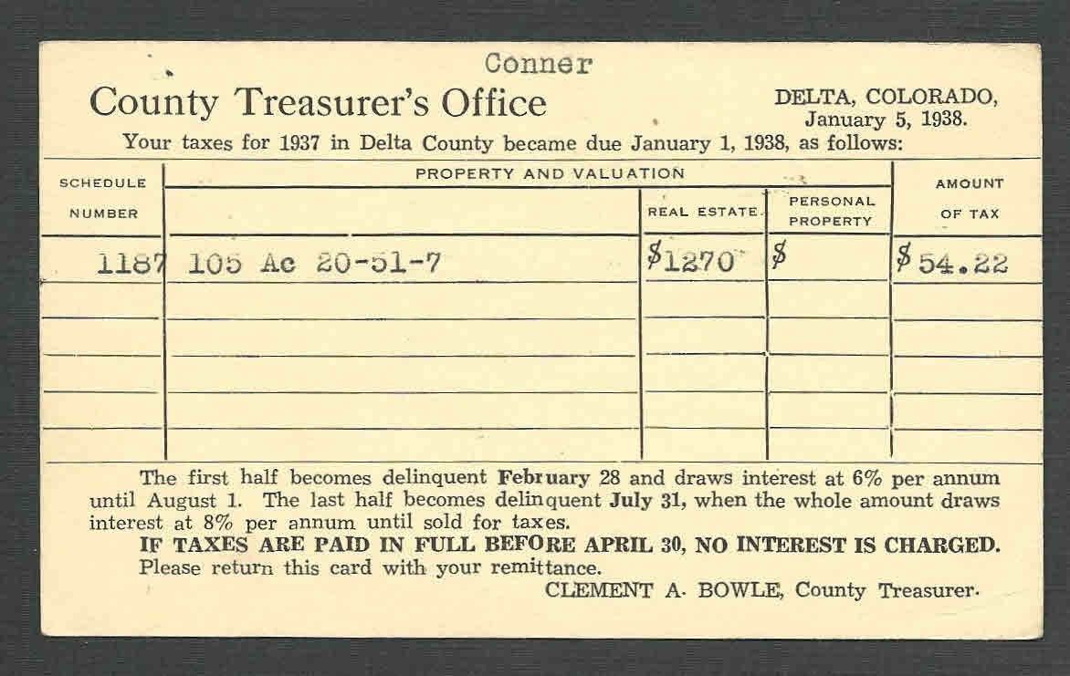 1938 P C Delta CO County Treasurers Office Taxes DUE | United States ...