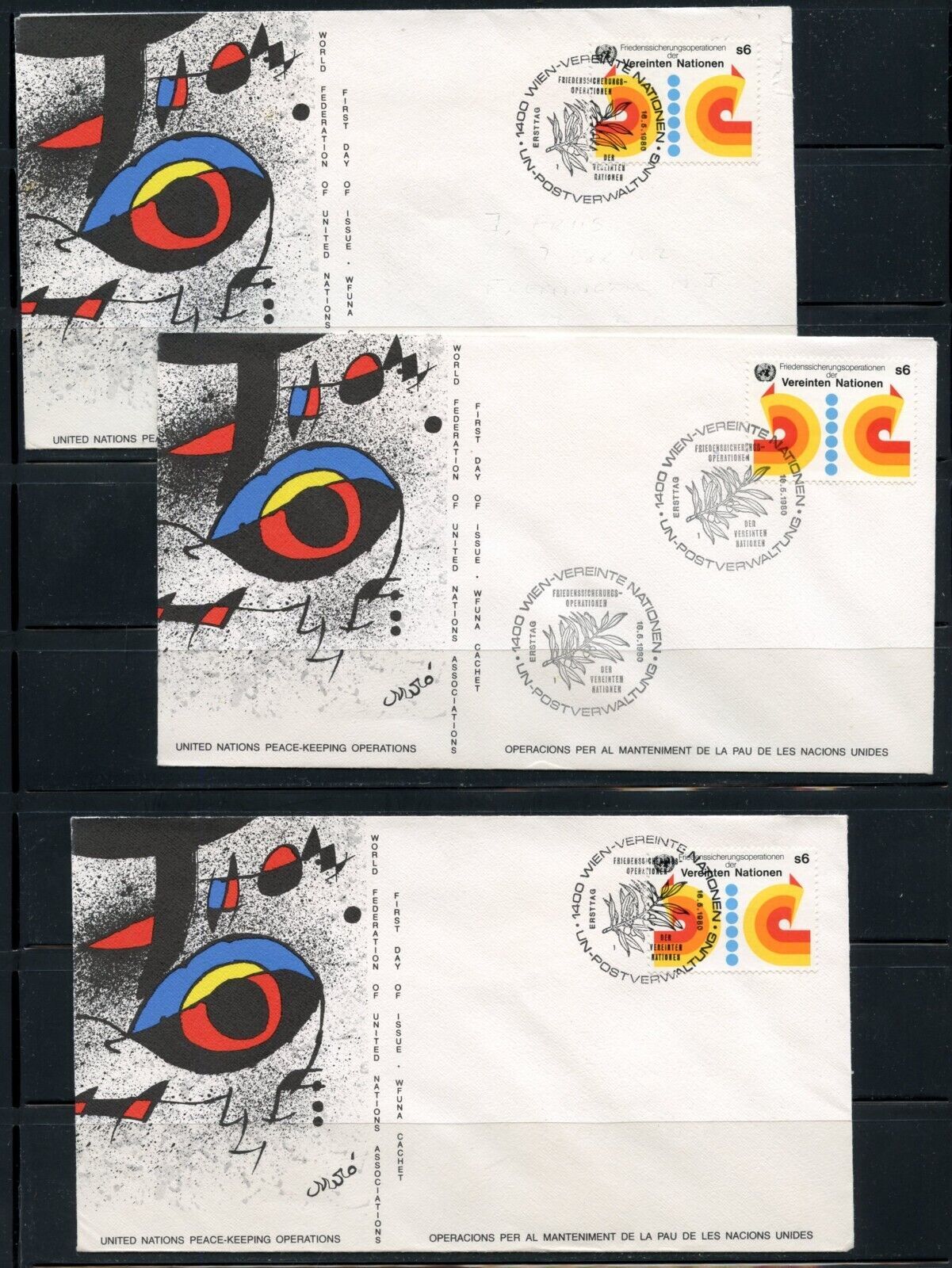 United Nations Wfuna Peace Keeping Joan Miro Cacheted LOT of 3 First ...