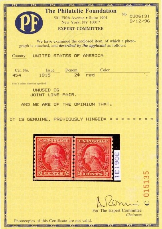 454, Mint VF LH 2¢ Coil Line Pair With PFC Certificate * Stuart Katz ...