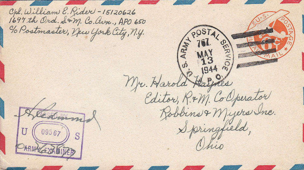 United States A.P.O.'s 6c Monoplane Air Envelope 1944 U.S. Army Postal ...