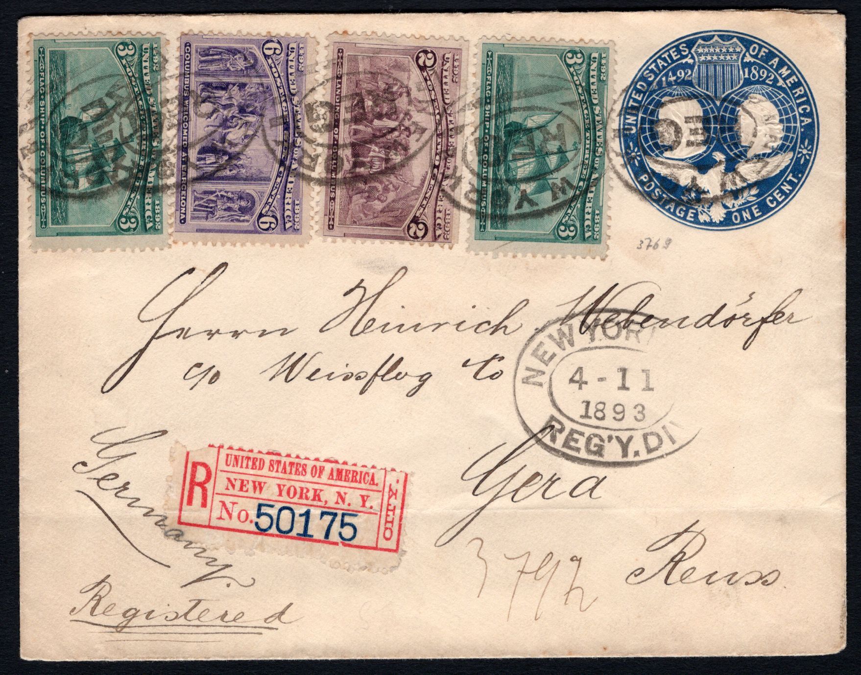 Scott 231, 232x2 &235 Columbians on a 1c entire R-Cover to Germany ...