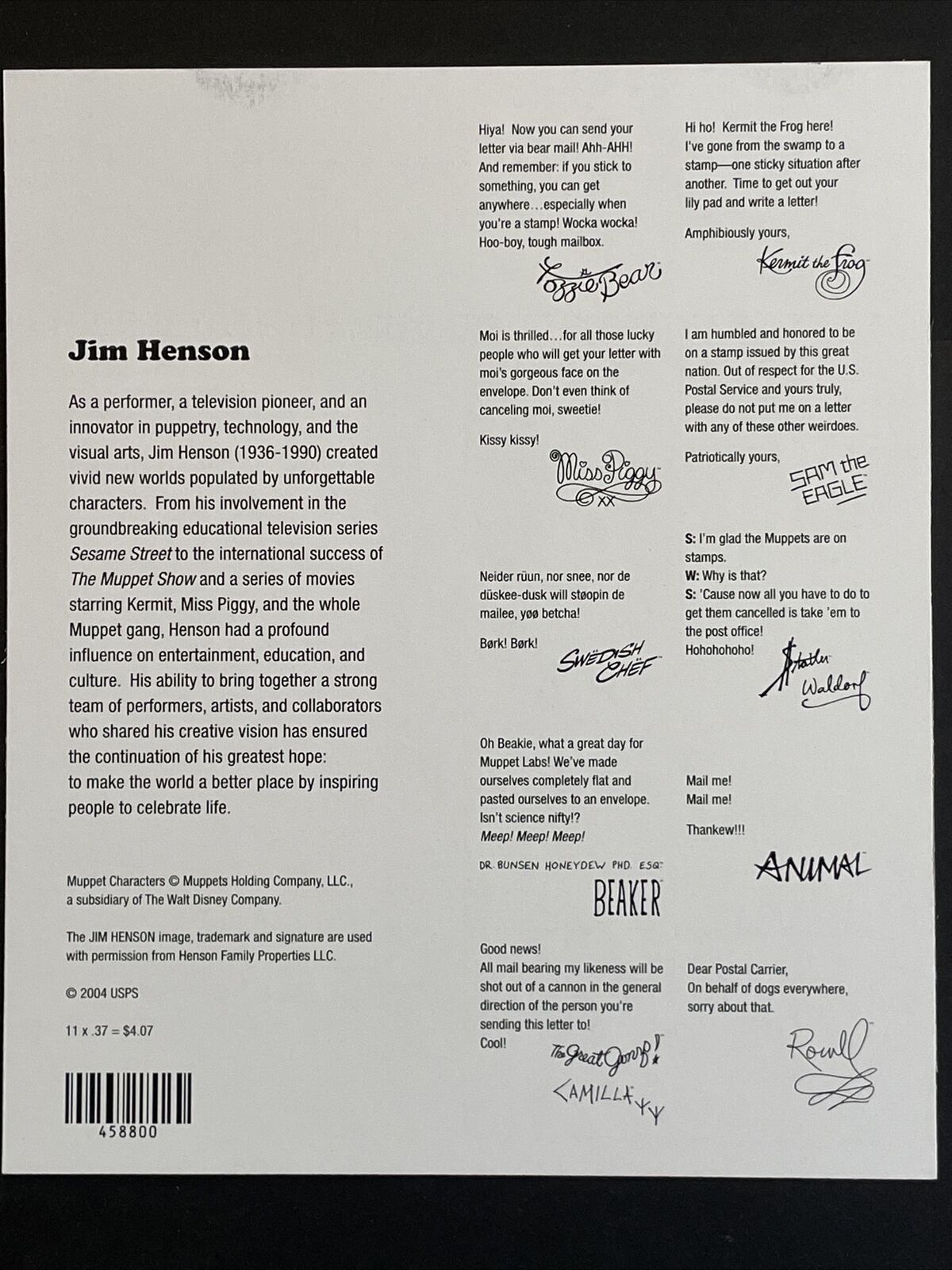 2005 sheet of 37-cent stamps Jim Henson Muppets Sc# 3944 | United ...