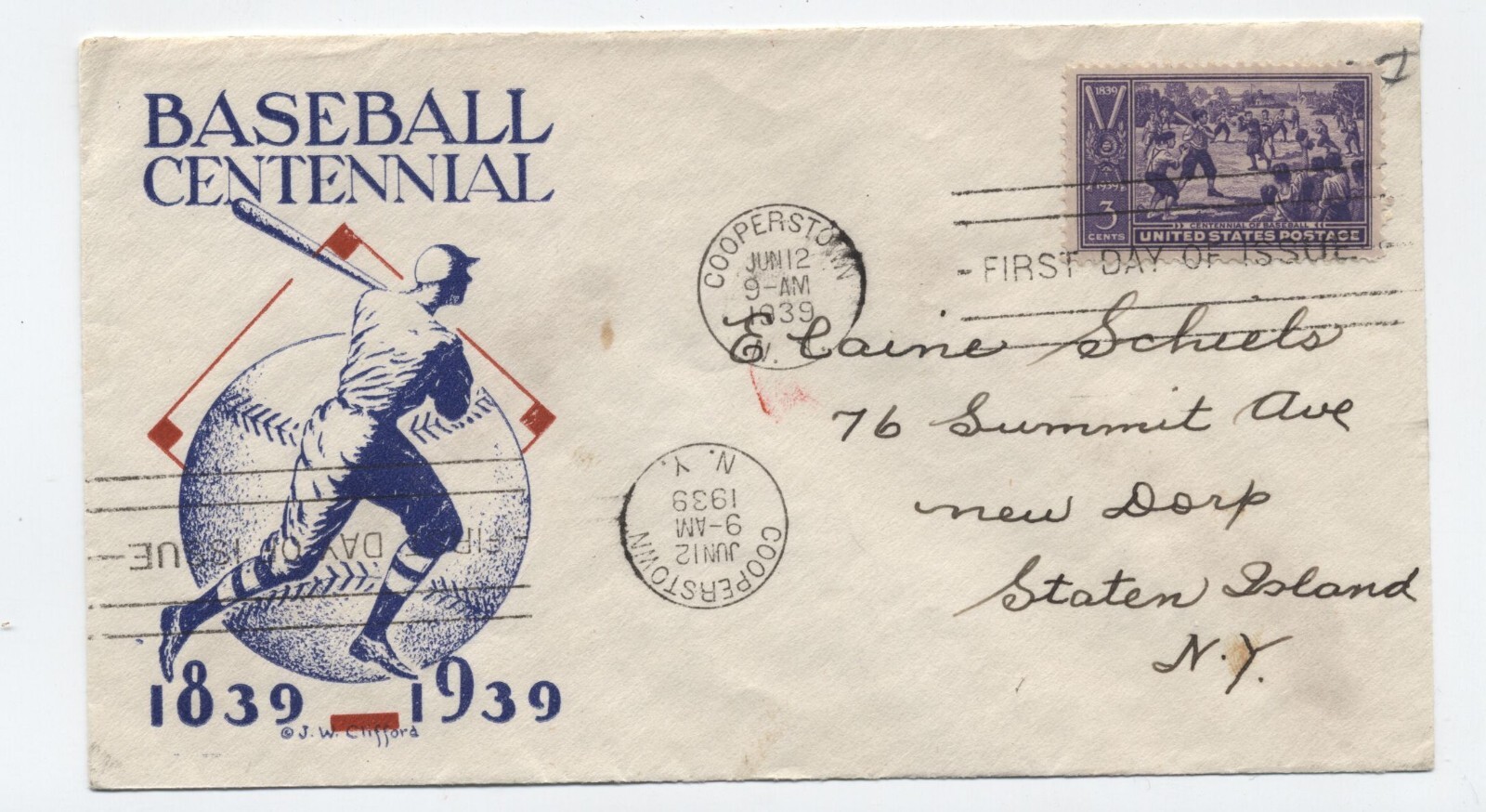 1939 Baseball centennial #855 first day cover Clifford cachet [y10620 ...