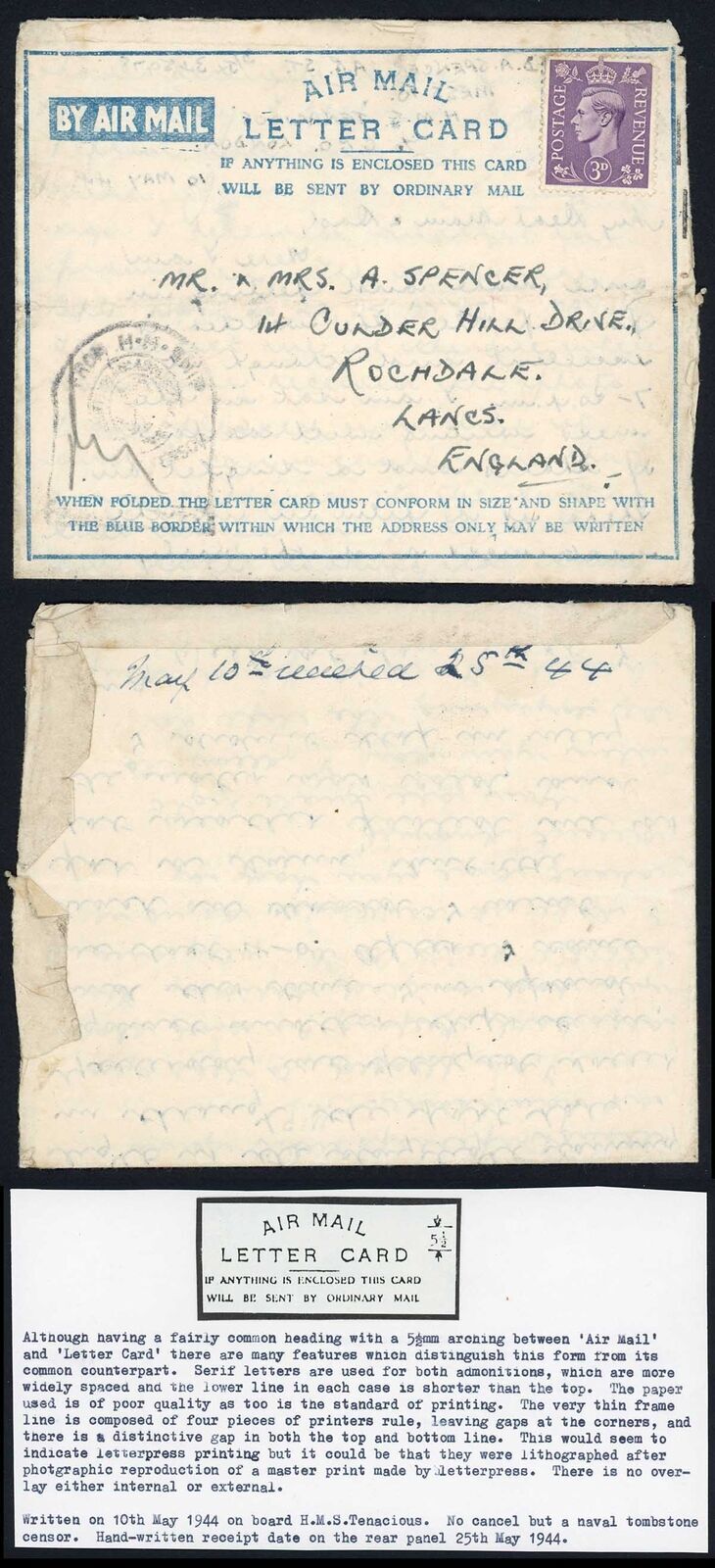 HMS Tenacious to England May 1944n Censored Airmail Lettersheet | Great ...