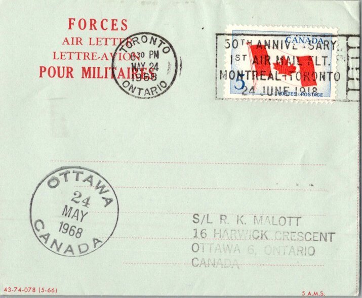 Canada 5c Canadian Flag 1968 Toronto, Ont. Forces Air Letter to Ottawa ...