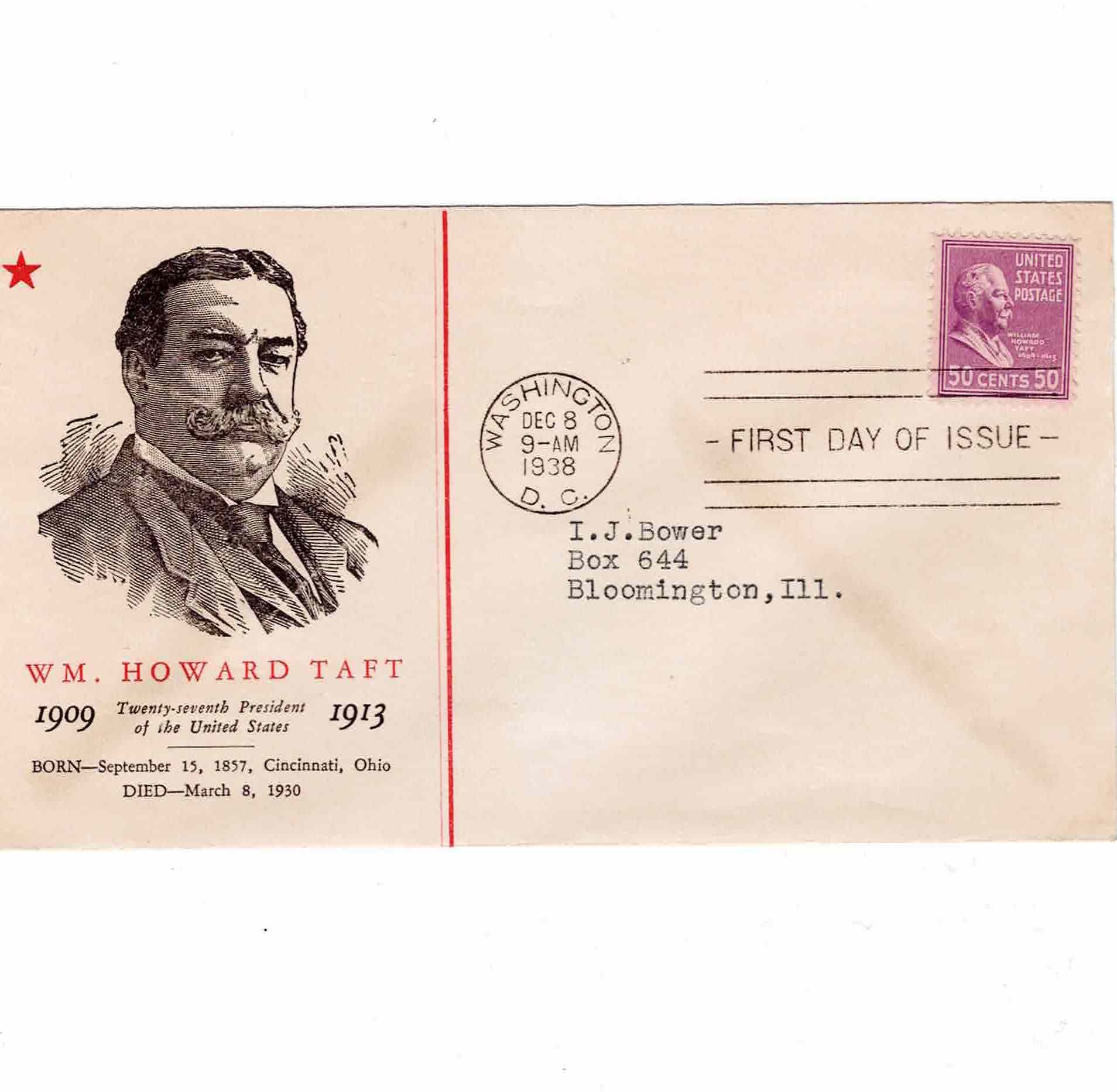 USA 1938 FDC Sc 831 William Howard Taft Linprint United States First ...