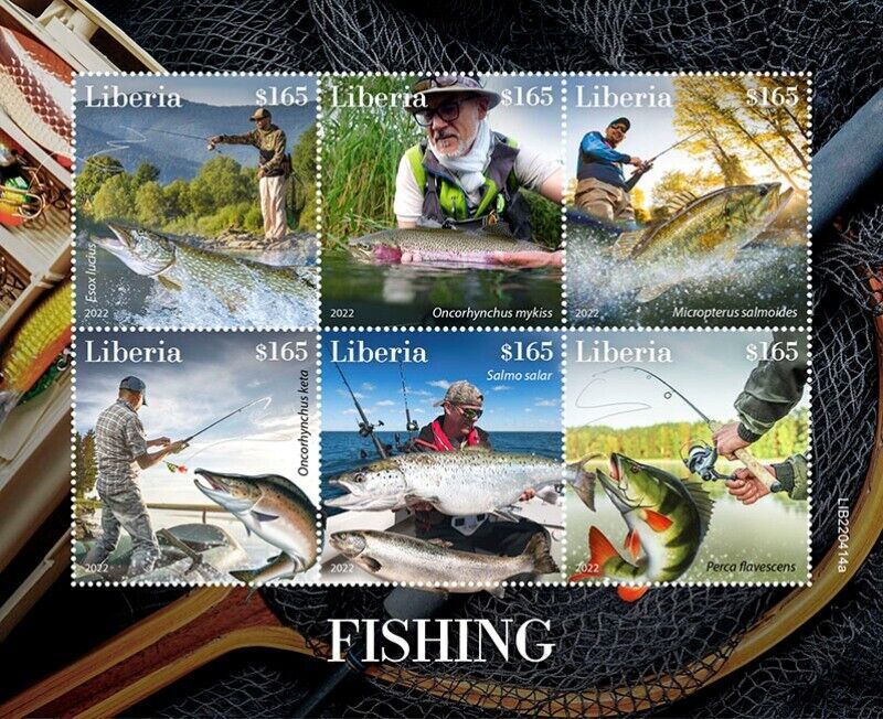 Liberia - 2022 Fishing, Bass, Salmon, Perch - 6 Stamp Sheet ...
