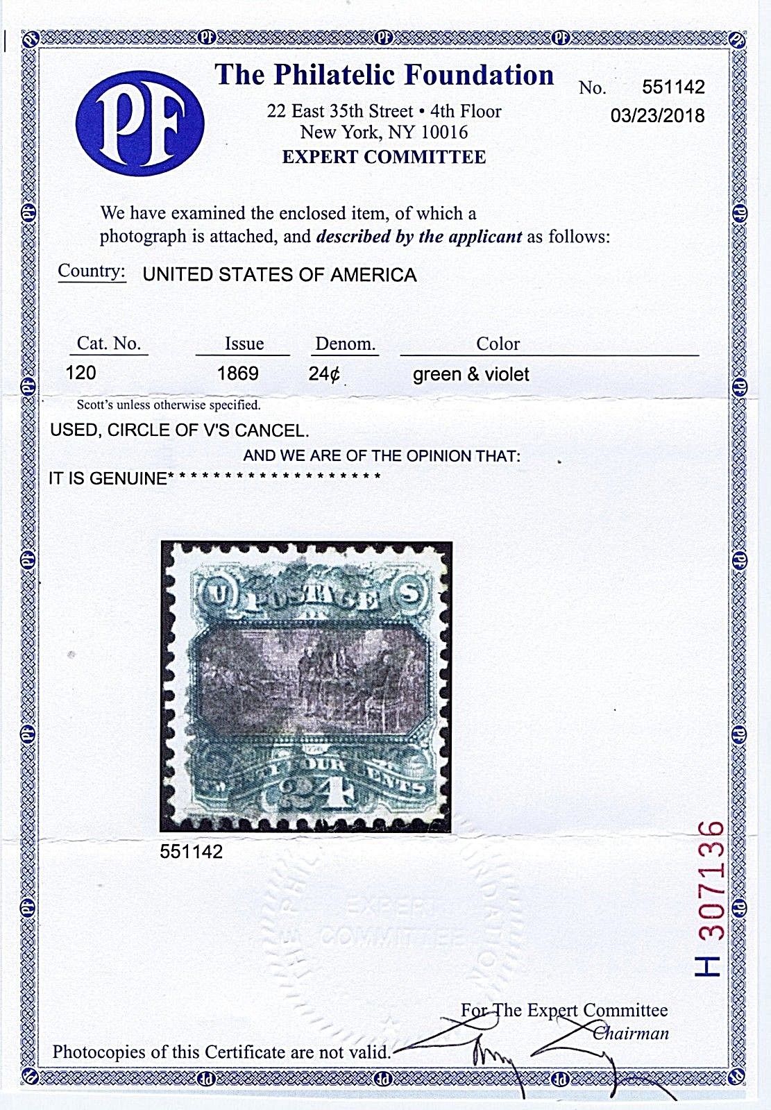 SC# 120 Used 24c Declaration Independence, 1869, Fancy Cancel, 2018 PF ...