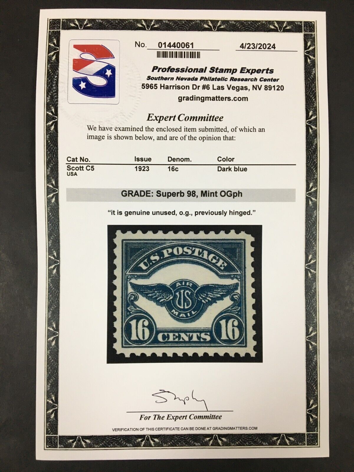 US Stamps #C5 Mint OG LH PSE Graded Cert Sup-98 LOT #89573 | United ...